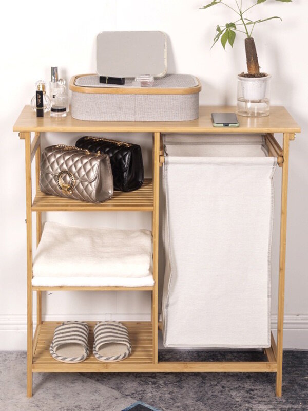 Этажерка с корзиной для белья бамбуковый напольный стеллаж для ванной и хранения вещей Bambuchka, 80x30x80 см, белый