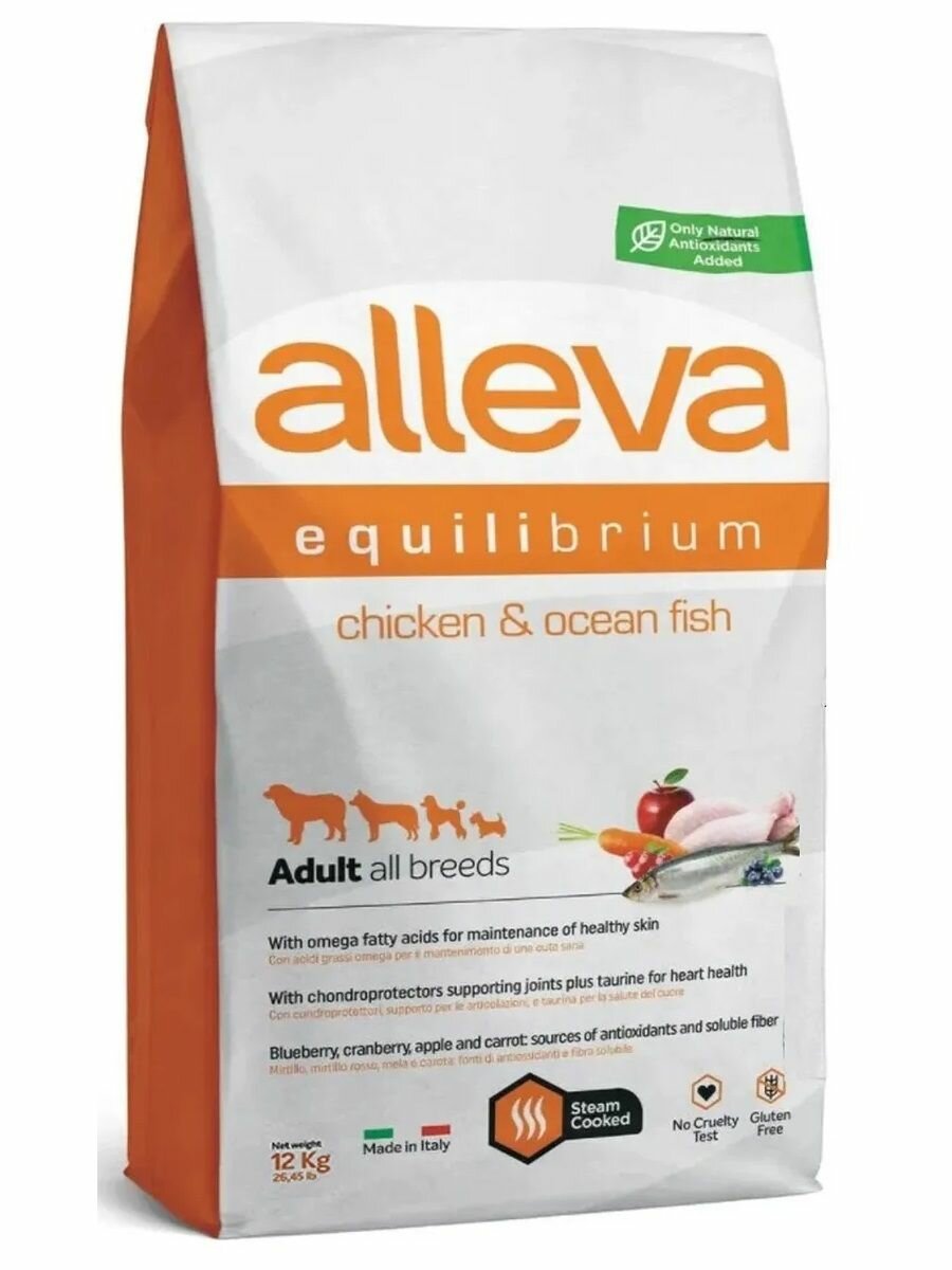 ALLEVA EQUILIBRIUM Корм сухой для взрослых собак всех пород с курицей и океанической рыбой 12 кг
