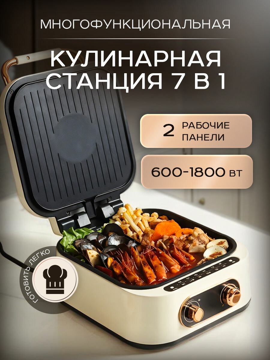 Гриль электрический 2 поверхности с антипригарным покрытием, домашняя кулинарная станция 7в1