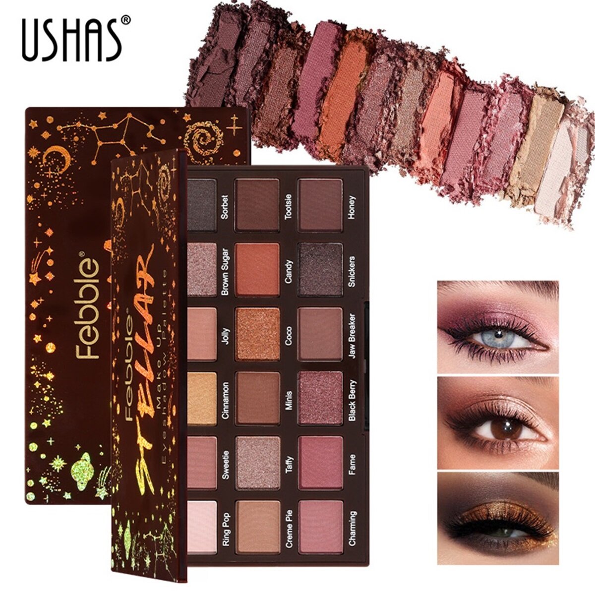 Тени для век USHAS Perfection 218 Coffee, 10 мерцающих цветов, матовые, гипоаллергенные