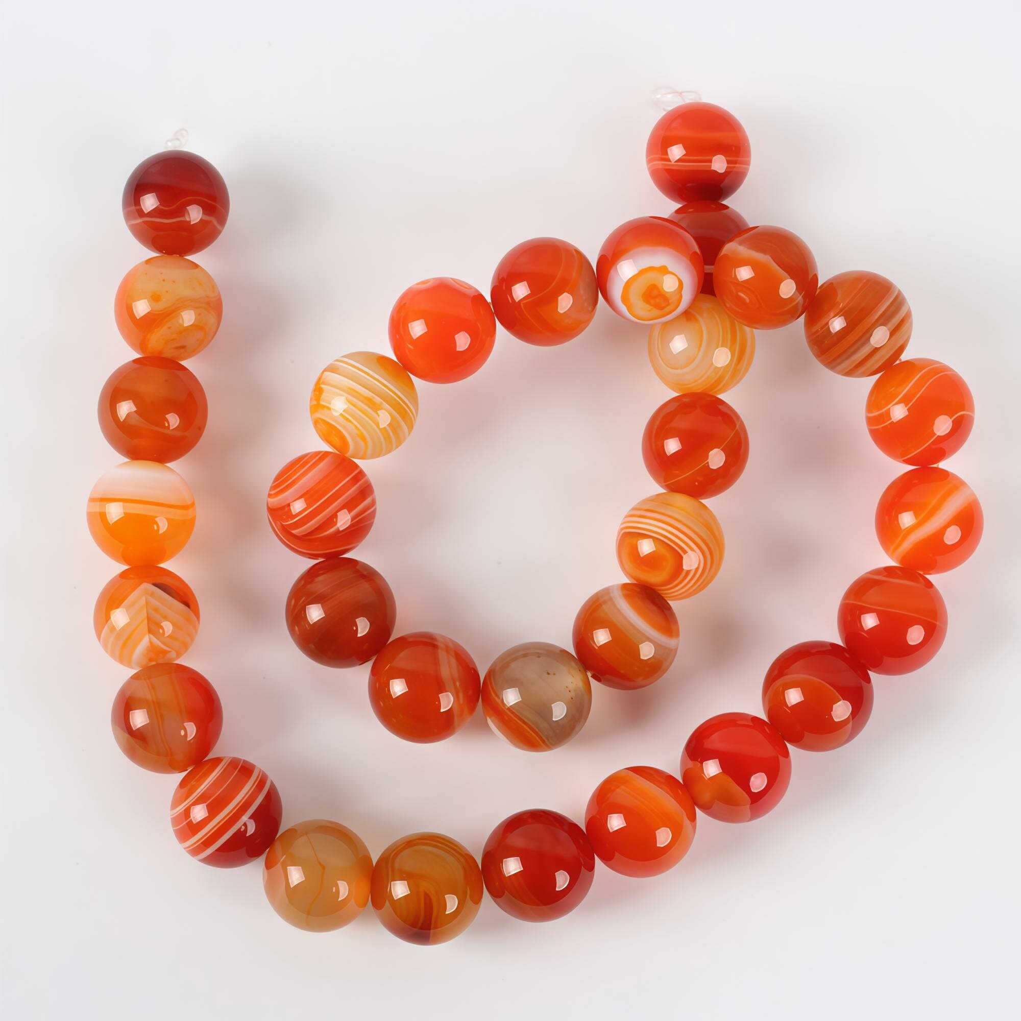 Бусины каменные, агат, полосатый, 12мм, красно-оранжевый, 31 шт, низка
