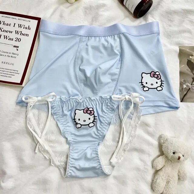 Синие шелковые трусы Hello Kitty Ice Silk с ремешками на талии, регулируемые, симпатичные женские трусы-боксеры для мужчин, гладкие, дышащие, новые, Размер: девочка L мальчик XL
