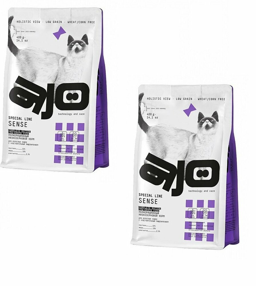 Сухой полнорационный корм AJO Cat Sense для кошек с чувствительным пищеварением с олениной , 400г 2шт