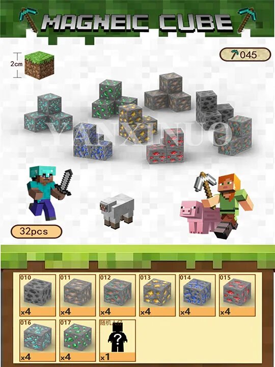 Магнитный конструктор Майнкрафт(Minecraft)/Комплект из 32 магнитных блоков и 1 фигурки