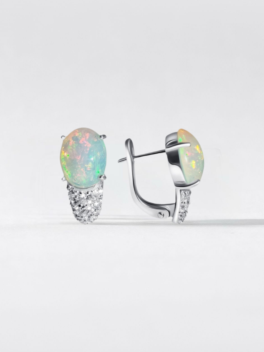 Серьги, серебро, 925 проба, родирование, опал, фианит