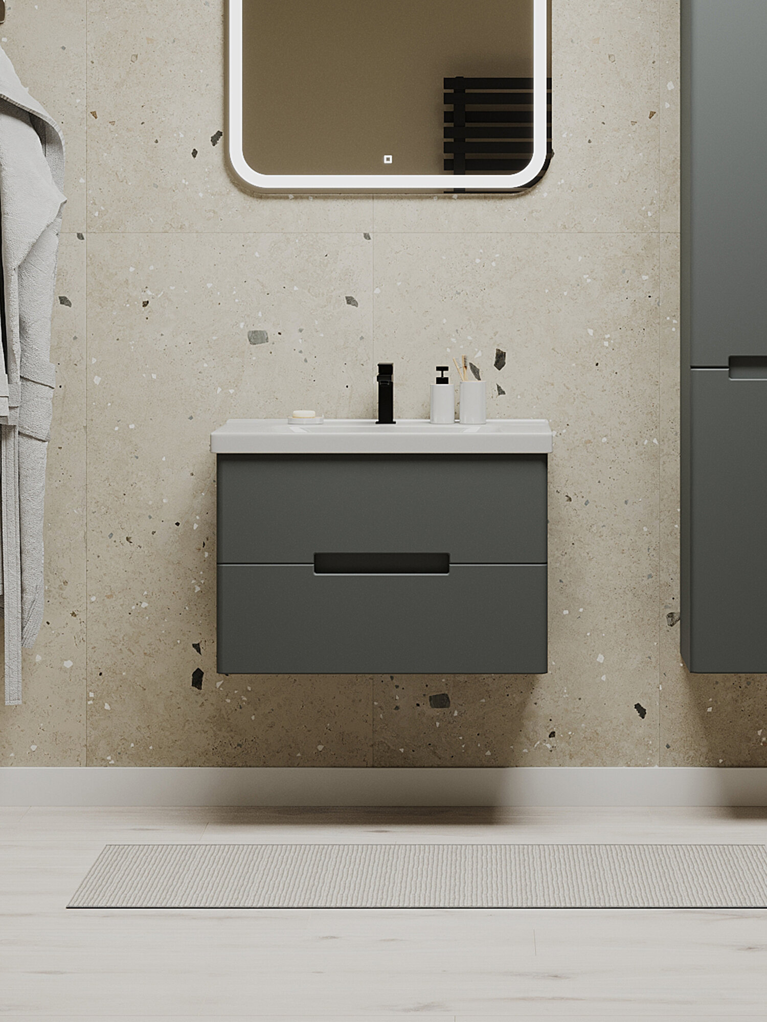 Тумба подвесная Vannika Fetto 80 с раковиной Гармония 80 для ванной комнаты, графит софт