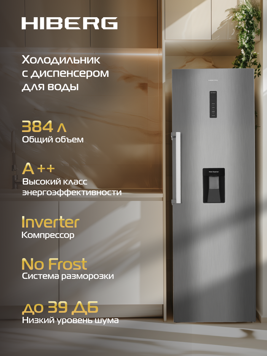 Холодильник HIBERG i-RF 40D S, однокамерный, инвертор, No Frost, общий объем 384 л, диспенсер для воды, зона свежести, высота 185 см, серебристый