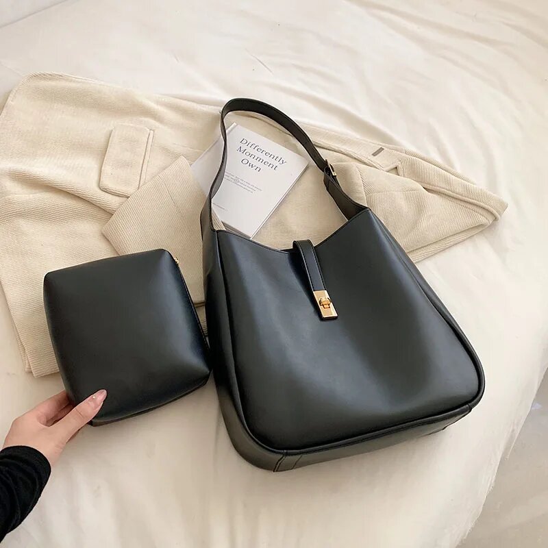 Vintage 2 ПК/SET SALP SOLID COLURE SACKS для женщин 2025 Кожаные сумки и кошельки Lady Designer Bag Sack, black, SKU00965