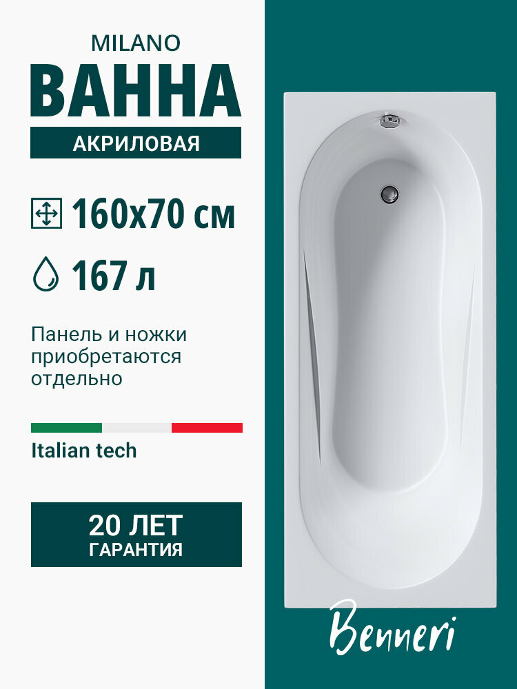 Акриловая ванна 160x70 прямоугольная Benneri Milano, пристенная 100% акрил