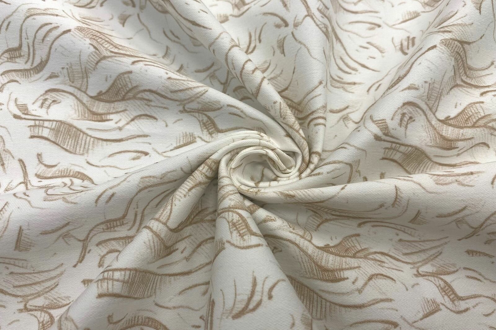 Ткань Хлопок-стрейч костюмный, светло-коричневые волнистые линии на белом фоне, 400 г/пм, ш145см, 0,5 м