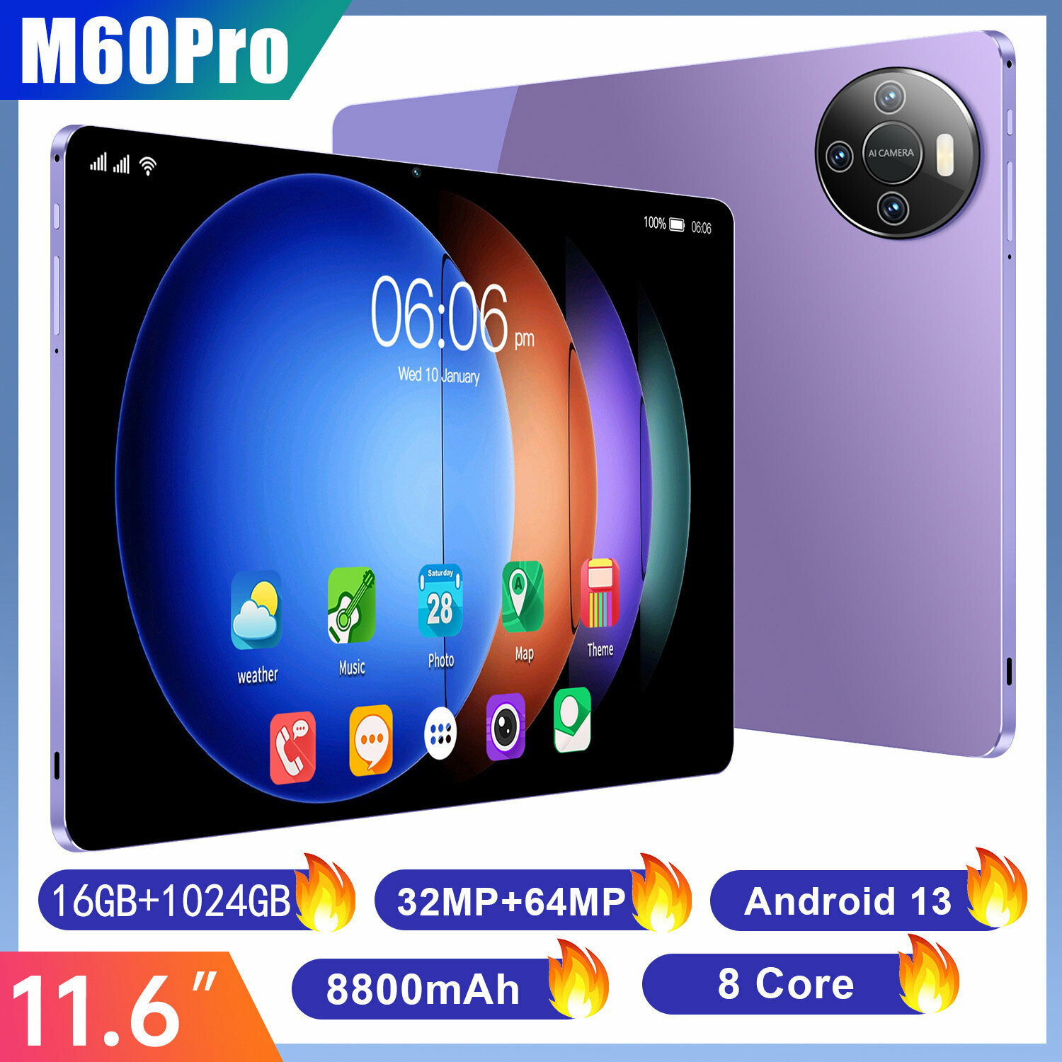 Планшет Alldocube M60Pro, IPS экран, Android 13, 16GB, 1024GB