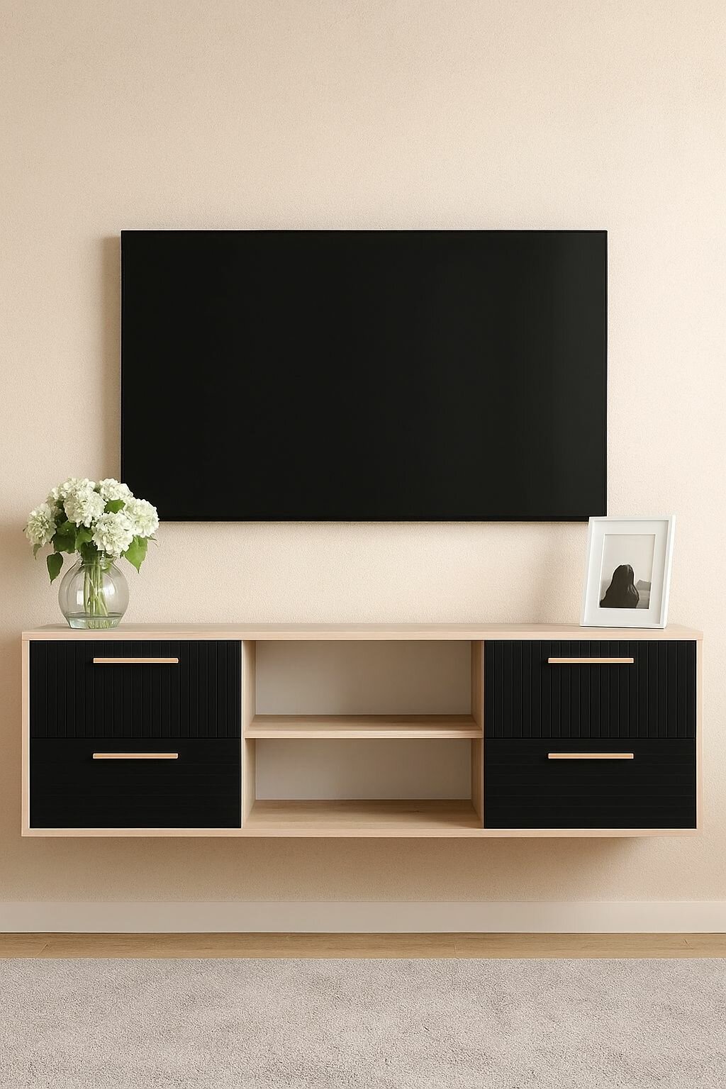Тумба под телевизор Копенгаген с полками подвесная ЛДСП Дуб сонома / МДФ Черный матовый 150х40x50