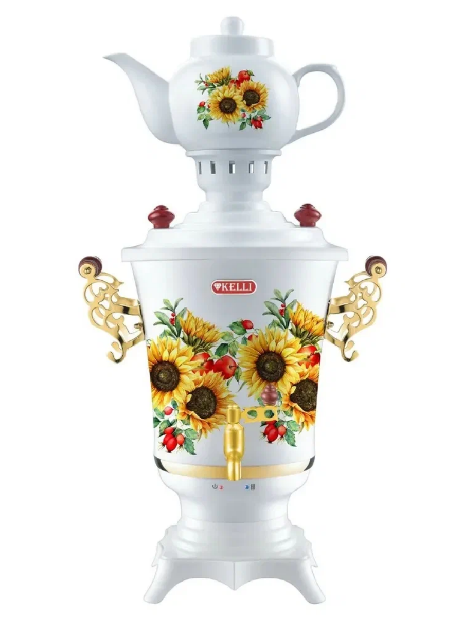 Электрический самовар KELLI KL-1477, 2200 Вт, 4 л, подсолнухи на белом