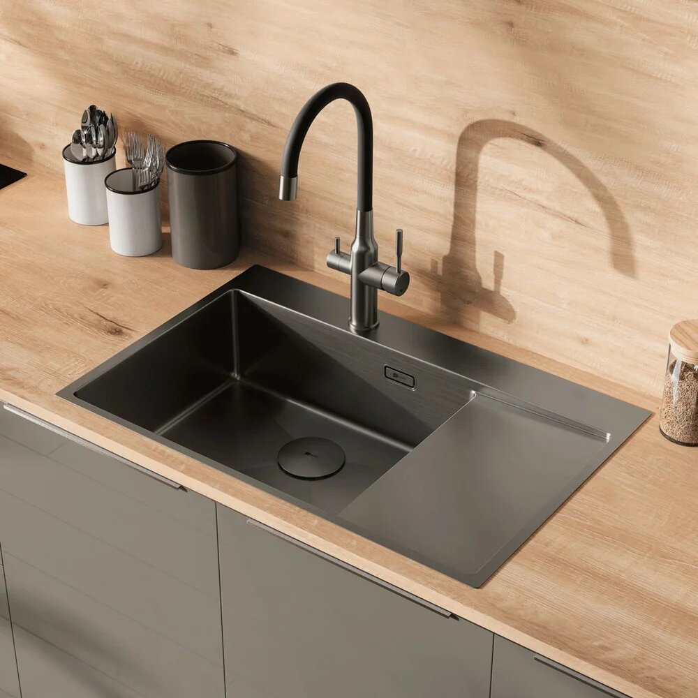 Кухонная мойка Lemark KEZADRA 780L прямоугольная с крылом из нержавеющей стали (чаша слева) цвет: Графит