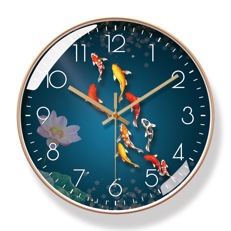 Настенные часы с рыбным дизайном | Бесшумный кварцевый механизм без тиканья | Современные декоративные часы с карпами кои и цветком лотоса | 12-дюймовые стеклянные часы без рамки для гостиной или офиса