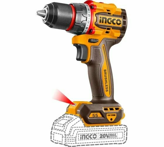 Бесщеточный шуруповерт INGCO 55 Нм 20В, б/щ INDUSTRIAL CDLI205581
