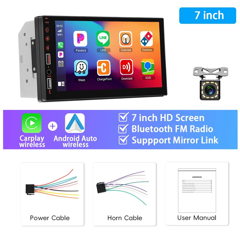 Podofo 2Din 7-дюймовый IPS-экран Автомобильный радиоприемник Беспроводной Carplay Android Auto MP5 Player Mirror Link Bluetooth FM AUX Audio EQ Автомобильная стереосистема, with Camera