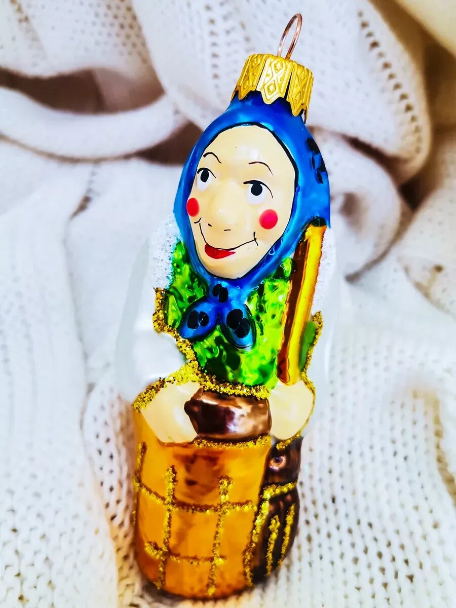 Игрушка елочная "Баба Яга", стекло, ручная роспись, синяя, зеленая