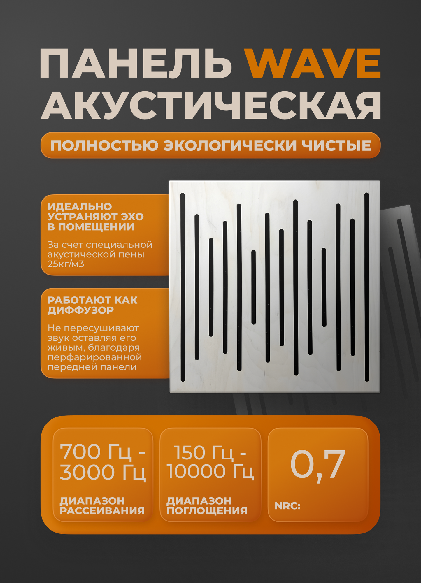 Акустическая панель Wave размеры 500х500х50мм цвет белое дерево