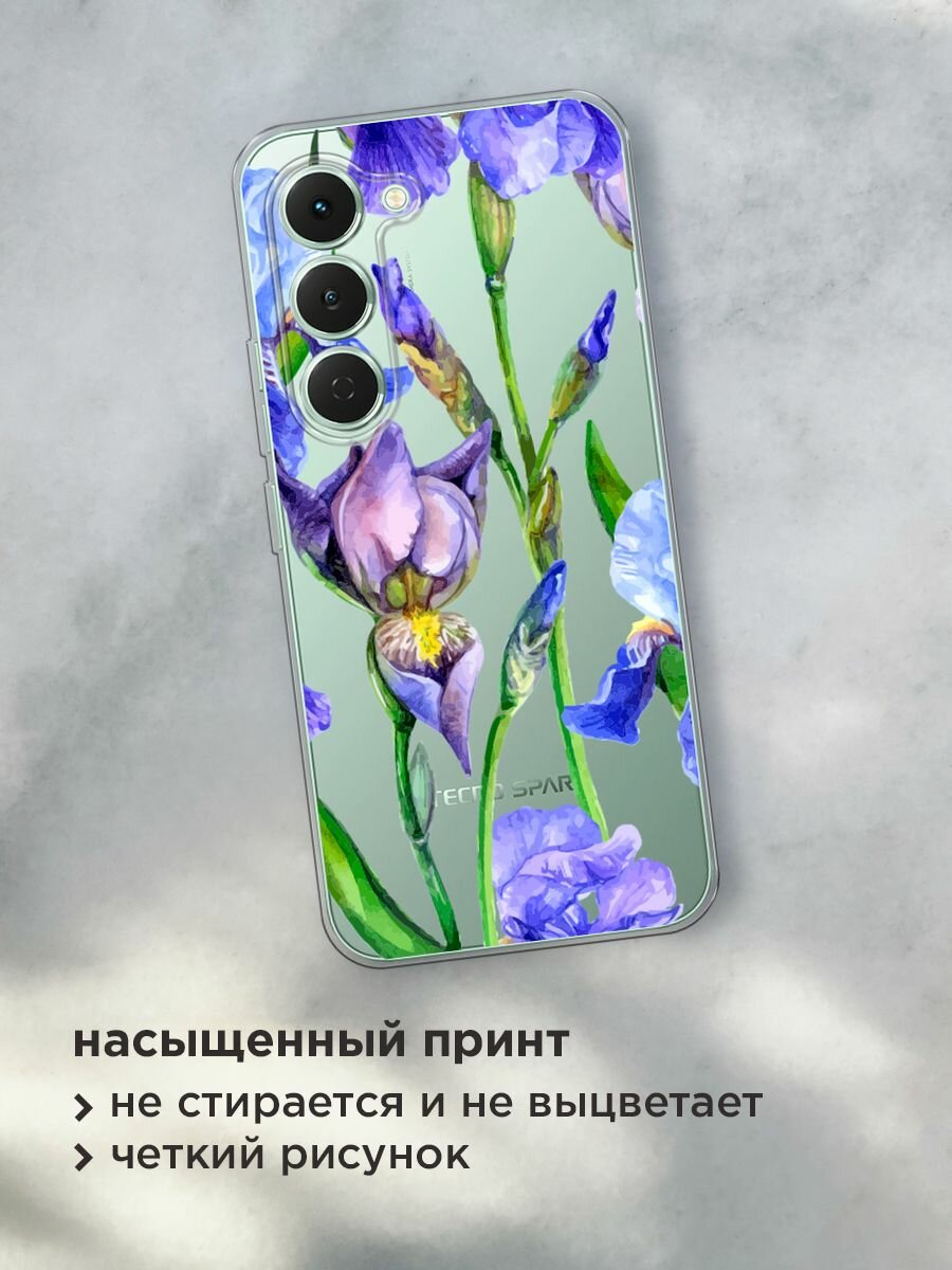 Чехол на Tecno Spark 40 Pro / Текно Спарк 40 Про с принтом "Синие ирисы", прозрачный — фото 1