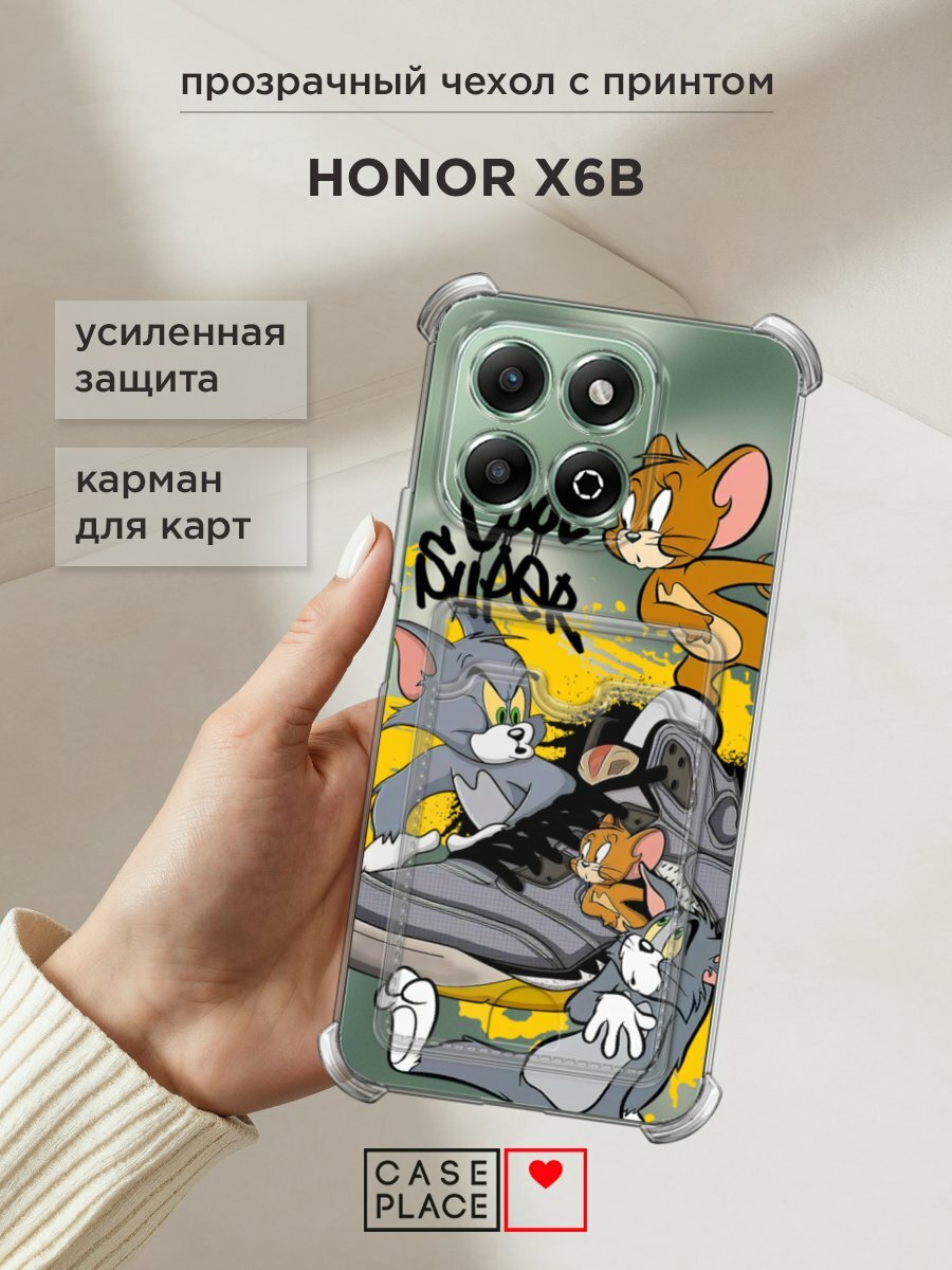 Чехол на Honor X6b (Хонор X6b) с картой и принтом "Том, Джерри и кроссовок"