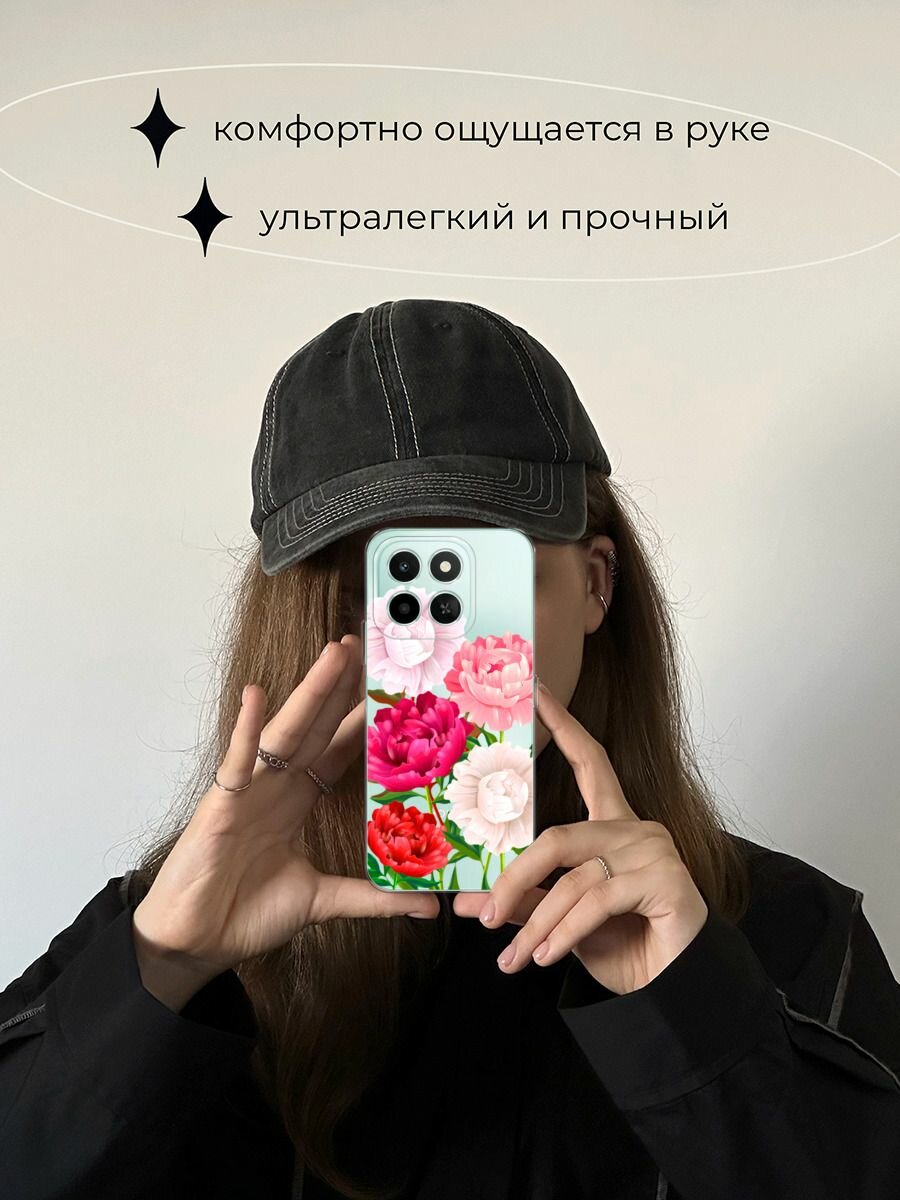 Чехол на Honor X6c / Хонор X6c с принтом "Большие пионы", прозрачный — фото 1