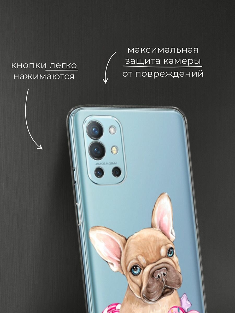 Чехол на OnePlus 9R / ВанПлас 9R с принтом "Бульдог и сладости", прозрачный — фото 1