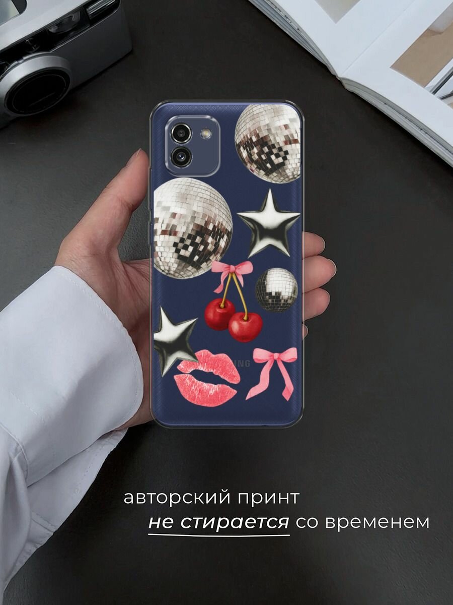 Чехол на Samsung Galaxy A03 / Самсунг Галакси А03 с принтом "Стильная подборка", прозрачный — фото 1