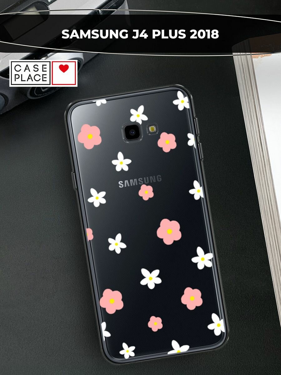 Чехол на Samsung Galaxy J4 Plus 2018 / Самсунг J4 Plus 2018 с принтом "Розовые и белые цветы", прозрачный