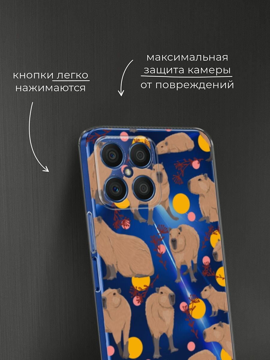 Чехол на Honor X8 / Хуавей X8 с принтом "Капибара паттерн", прозрачный — фото 1