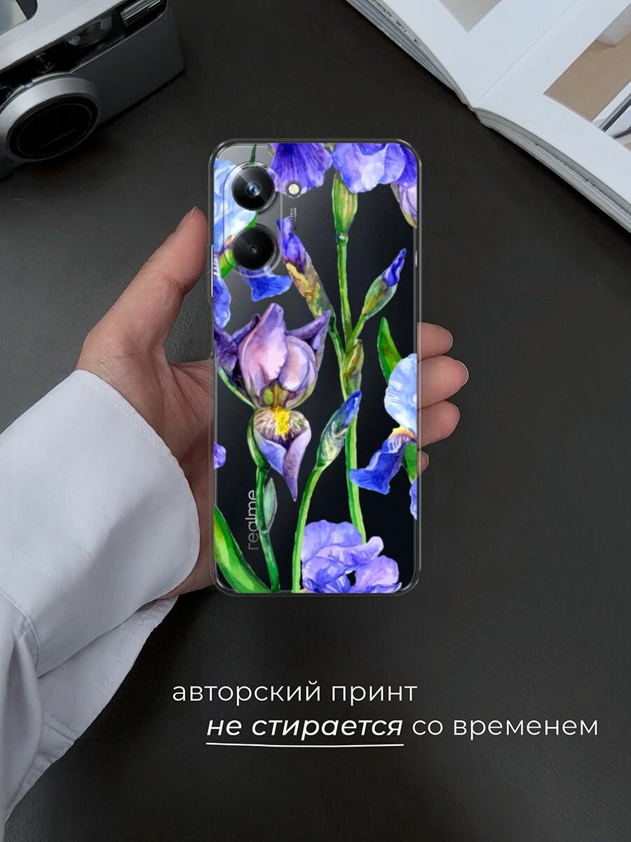 Чехол на Realme 10 Pro / Реалми 10 Про с принтом "Синие ирисы", прозрачный — фото 1