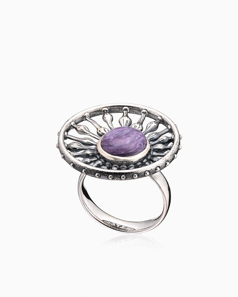 Кольцо широкое, серебро, 925 проба, чароит