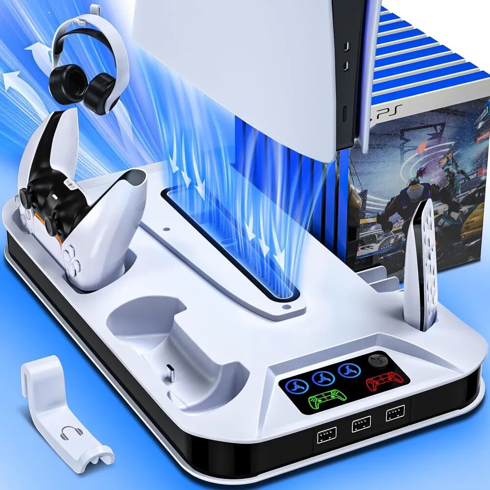 Кулер-станция для PS5 Slim с зарядкой контроллеров 3 USB-хаба + держатель для наушников + крепежный шуруп Совместим с PS5 Slim Disc/Digital Аксессуары для охлаждения и организации