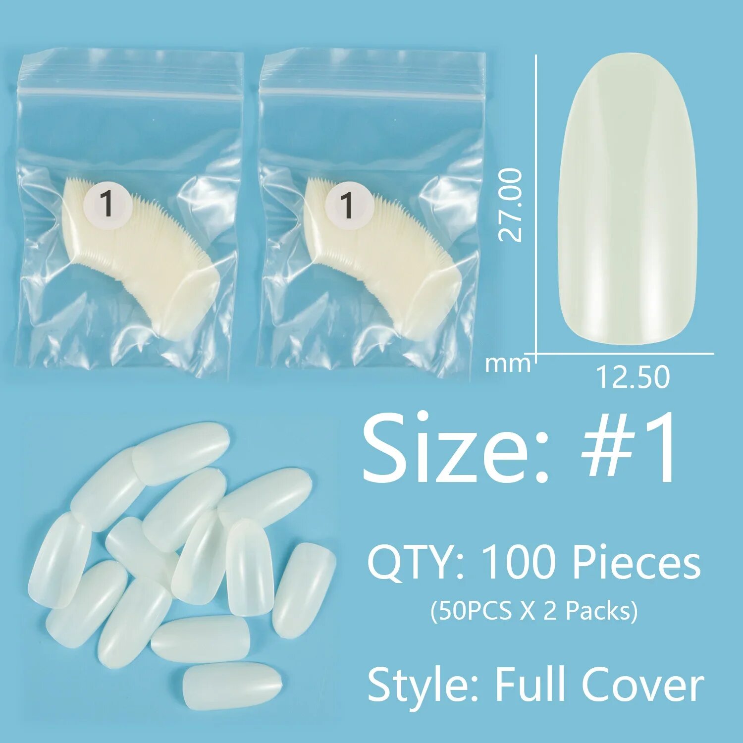 Накладные ногти Size 1 Natural, 100 шт. Full Cover