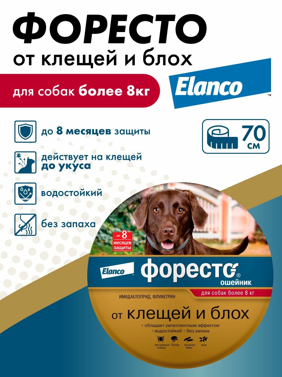 Эланко "Форесто", ошейник от клещей и блох для собак более 8 кг, 70 см
