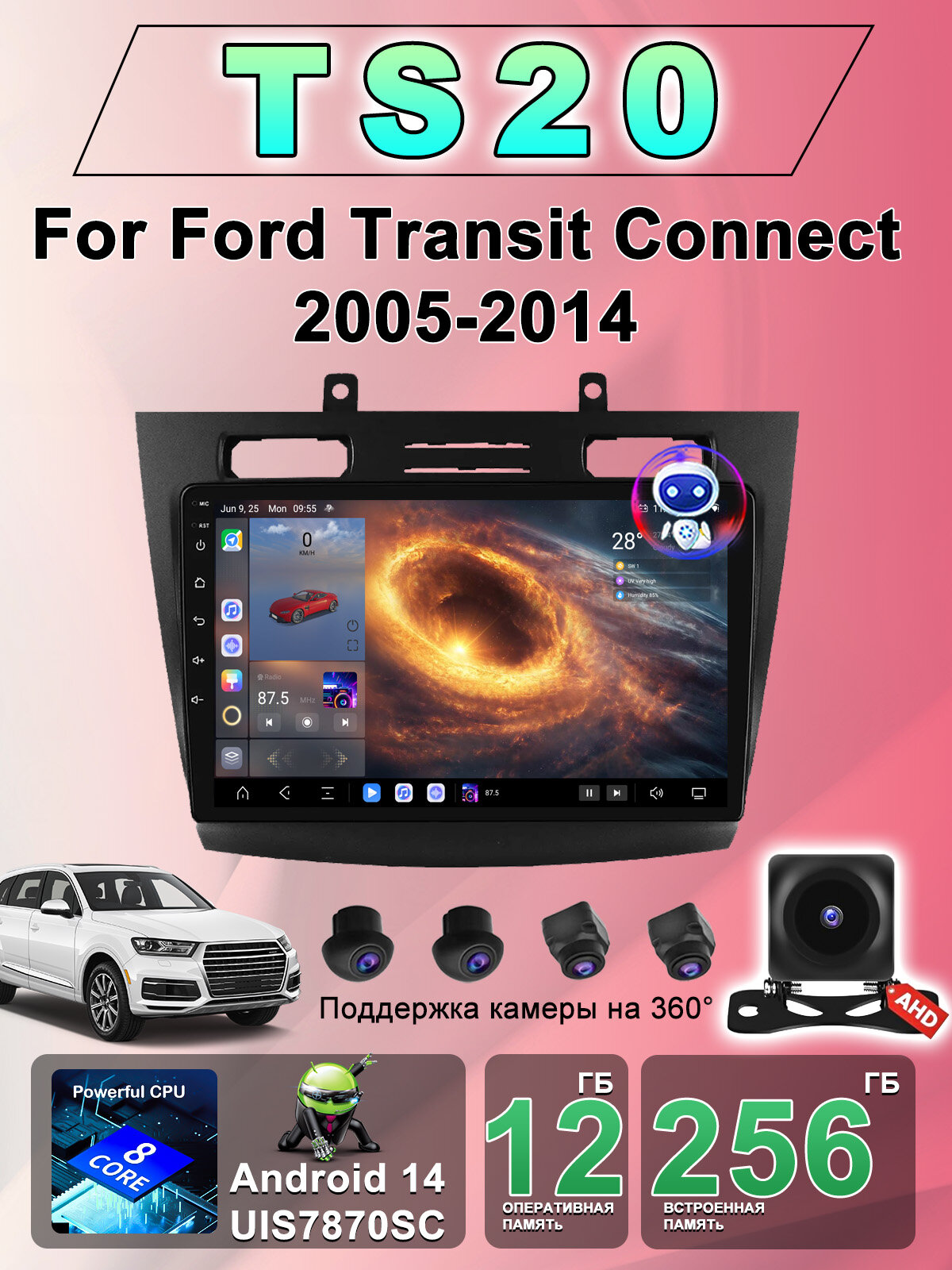 Штатная Магнитола TS20 для Ford Transit Connect 2005-2014 , с камерой заднего вида. QLED экран 10.1 дюймов, Wifi 2din с сенсорным экраном, usb и блютузом