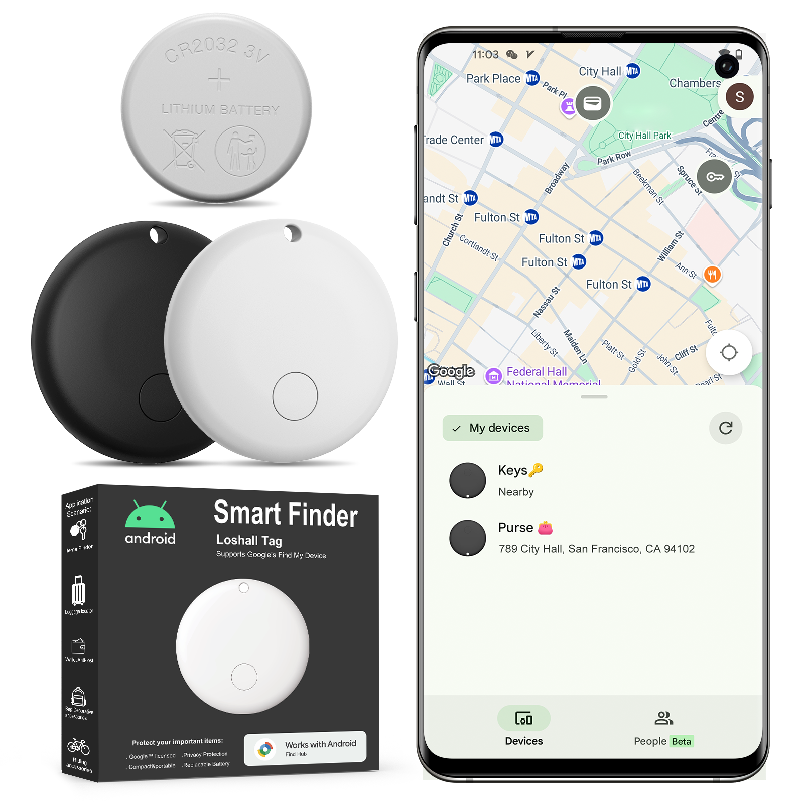 Трекер Bluetooth F08 Loshall для устройств Android, сертифицированный Google, поисковый ключ/трекер багажа/локатор вещей, совместимый с приложением Google «Find a Device», черный/белый (выбор), 1шт/2шт/4шт (выбор), Bluetooth 5.2, IP67, батарейка CR2032,