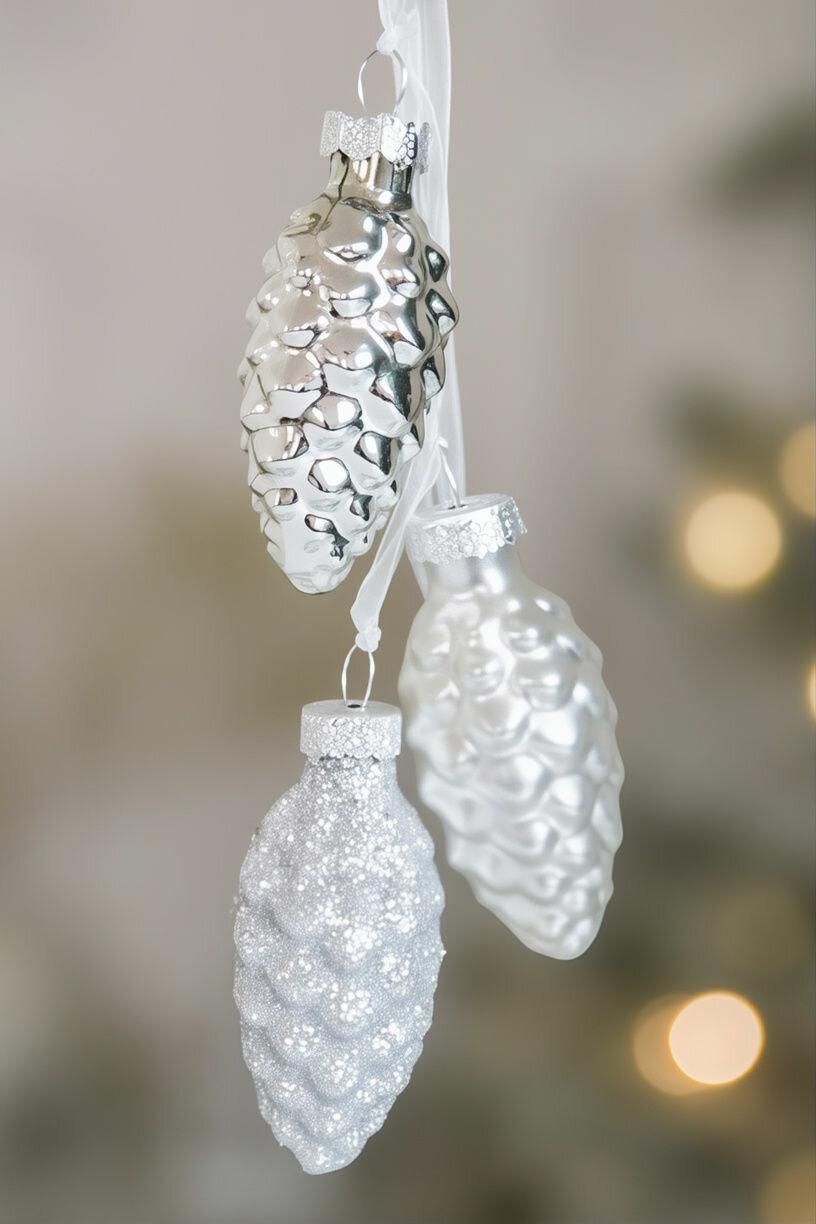 Ёлочное украшение-гроздь шишечки на ленточках серебряные, стекло, 11 см, Winter Deco 1001443