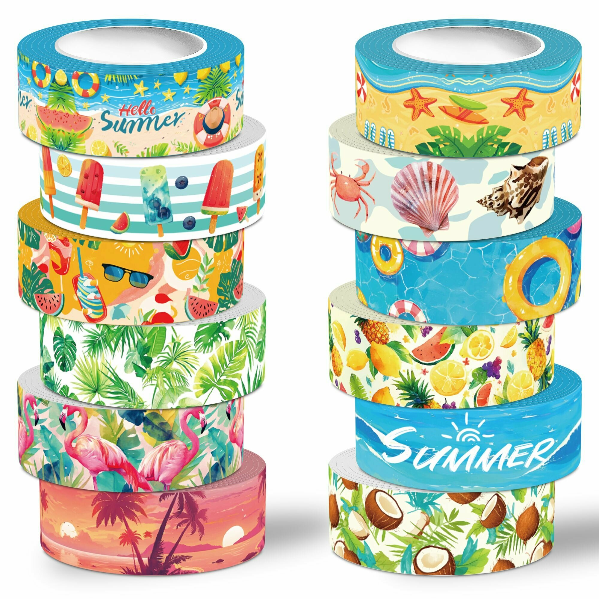 Набор лент васи 12 рулонов, летний пляжный дизайн 15 мм x 3 м, японская бумага, декоративная лента для скрапбукинга, упаковки и творчества