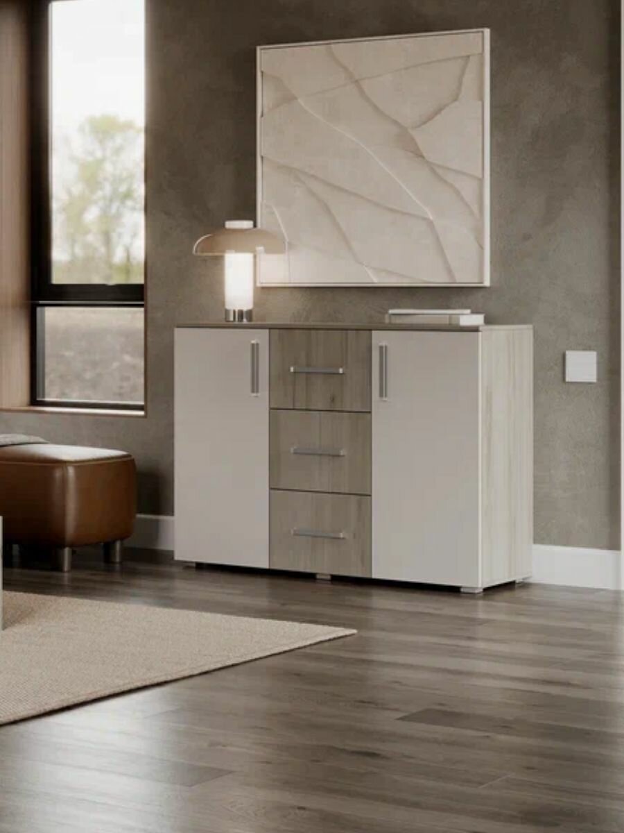 Комод Фиеста NEW 1202х908х446, Дуб Крафт серый/Кашемир, 3 ящика, 2 двери МИФ