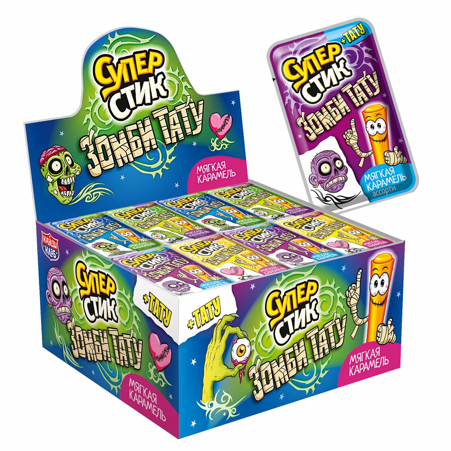 Мягкая карамель "Супер стик с тату зомби", 5 г, канди клаб, 40шт.