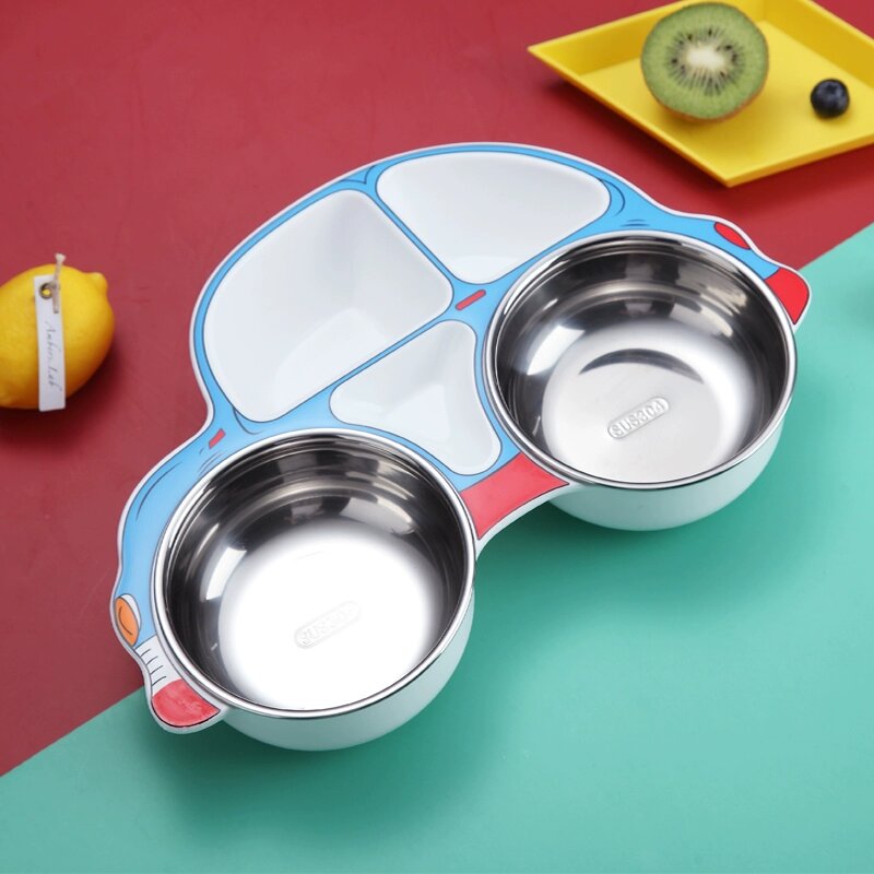Детская тарелка для ужина, разделенная на секции, из нержавеющей стали, с защитой от падения, с рисунками, миска и