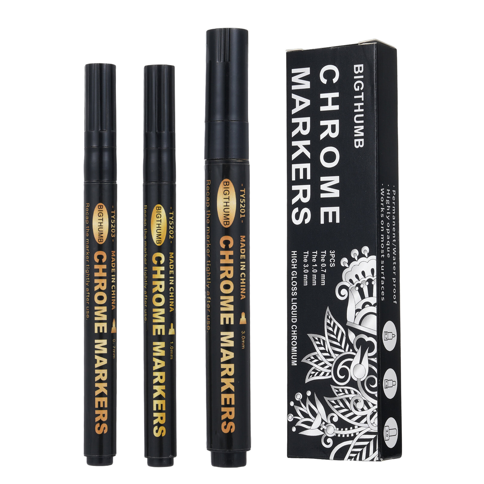 3Pack Marker Pen для зеркальной поверхности Permanent Reflective Liquid, 0.7mm, 1mm, 3mm, Gold, Silver, Copper, для Model Painting, Cards, Posters, Rock Painting, Mugs, Ceramic, Glass, Plastic DIY Art Projects