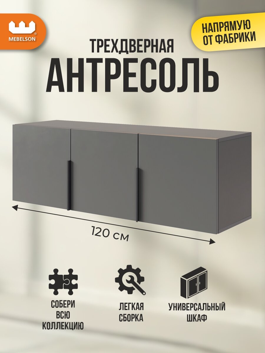Антресоль трехдверная "Баско" L1200, цвет Графит, 120*35*40 см, Mebelson