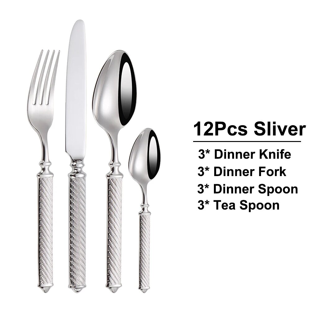 4/6/12/16/20 шт, серебряная посуда, столовые приборы из нержавеющей стали, зеркало, двухсторонний узор, ручка, вилка, зеркало, западный золотой обеденный набор