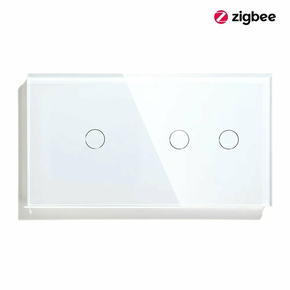 Сенсорный выключатель c Алисой, умный Zigbee выключатель 3 клавиши, 2 поста (1+2), без нуля на, панель стекло Белый,157mm