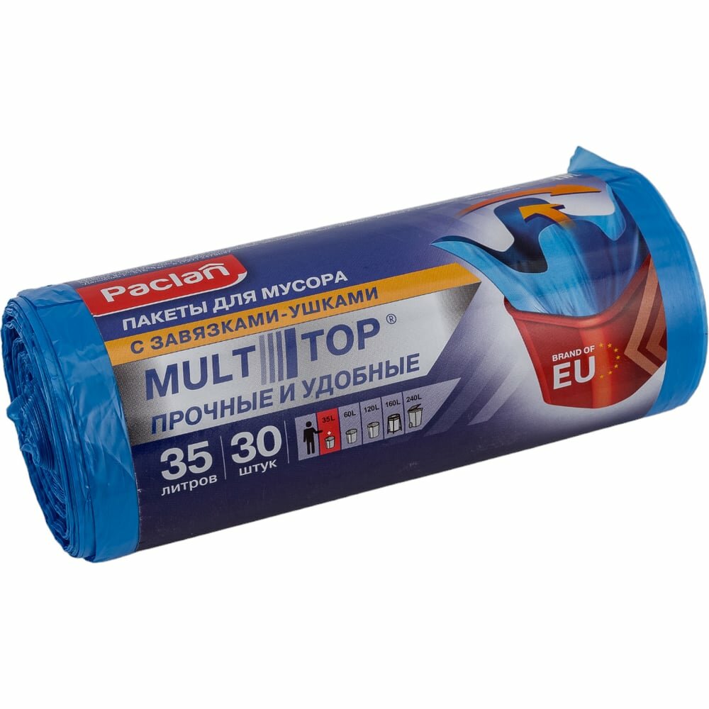 Мешки для мусора с ушками Multitop (30 шт; 50x64 см; 35 л; ПНД; 10.5 мкм; синие) Paclan 600819