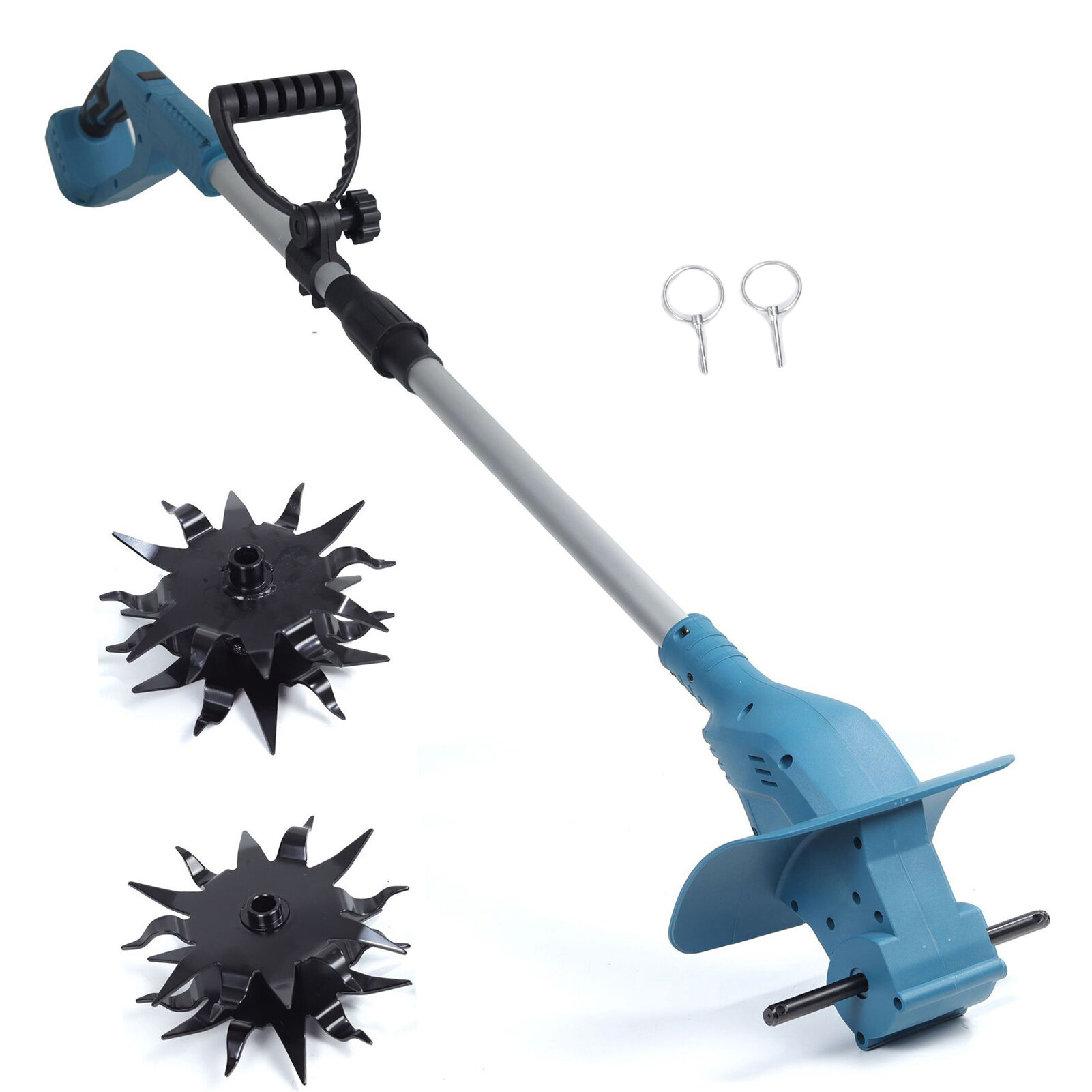 Электрический культиватор 21 В, беспроводной, 330 об/мин, 4 прочных стальных зуба для обработки газона/сада/почвы, глубина обработки 9,5 дюймов, без аккумулятора, двойные лезвия.