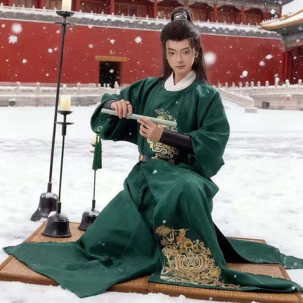 Мужской красный и зеленый ханьфу из полиэстера L, green full set