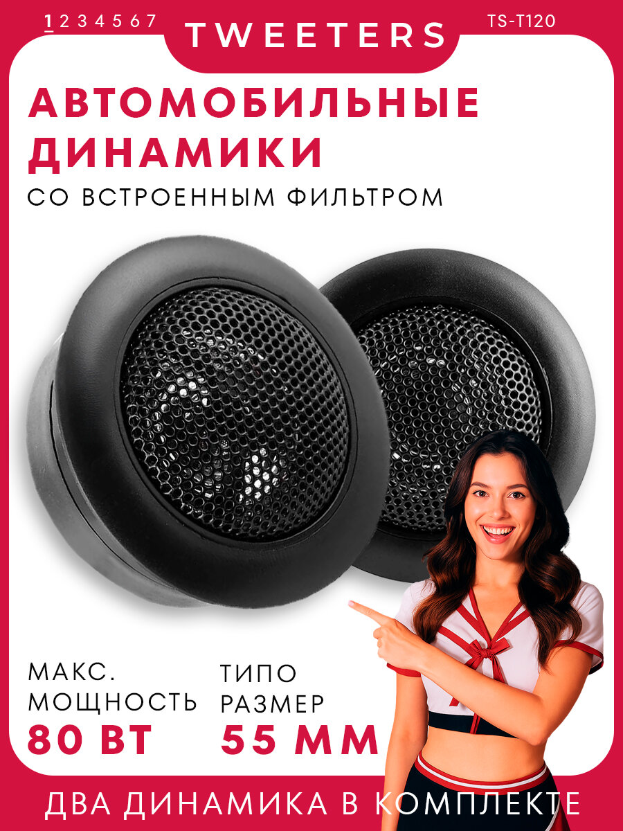 Твитеры автомобильные со встроенным фильтром "TS-T120" / Комплект из 2 штук / Высокочастотные динамики, 55 мм, 80 Вт.